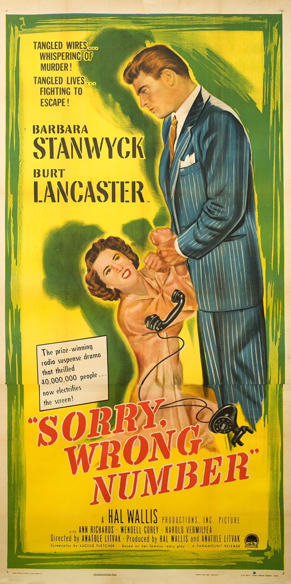 Sorry, Wrong Number Original 1948 U.S. Three Sheet Movie Poster ...