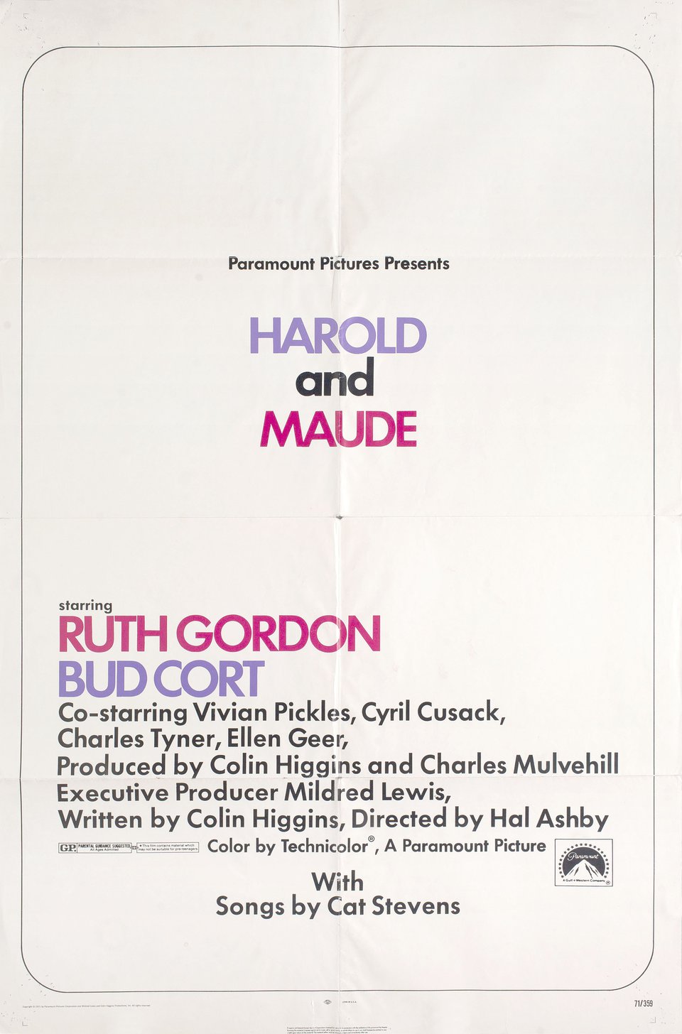 Harold and Maude 1971 U.S. One Sheet Poster - Posteritati Movie Poster ...