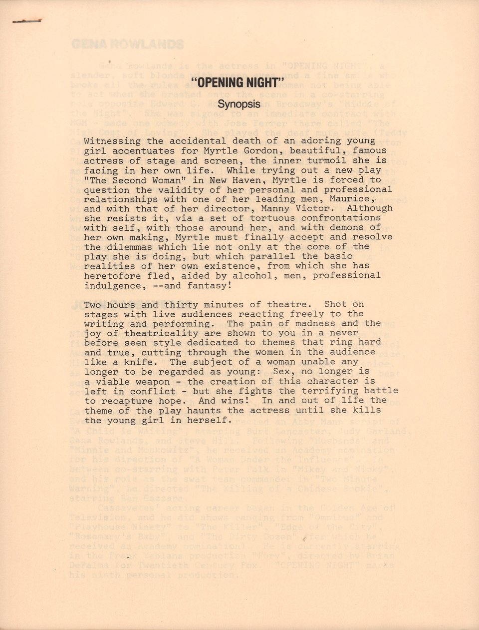 Opening Night Original 1977 U.S. Press Kit - Posteritati Movie Poster ...