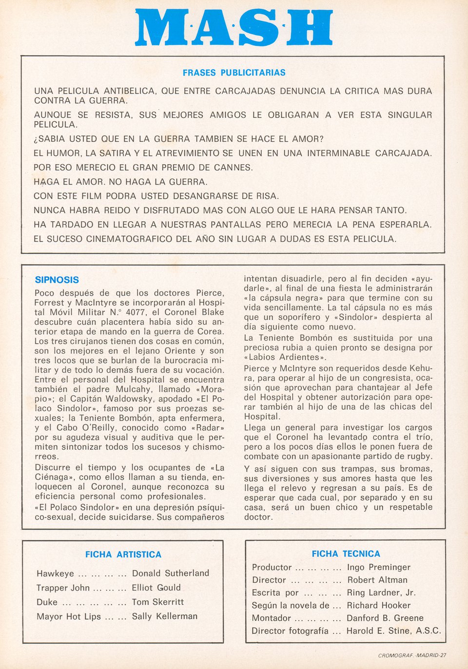 MASH Original 1970 Spanish Screening Movie Program - Posteritati Movie ...